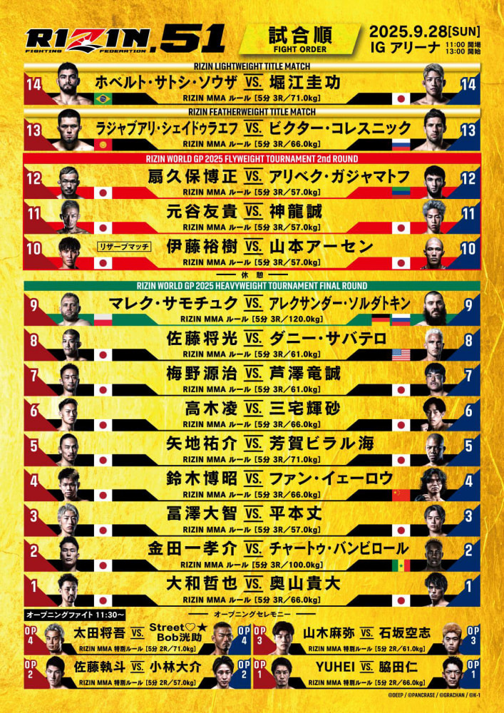 【RIZIN.51】メインにサトシvs堀江圭功、セミにシェイドゥラエフvsコレスニック＝9.28全試合順が決定 - eFight【イーファイト】格闘技情報を毎日配信！